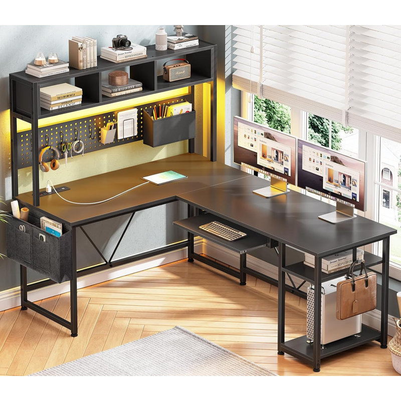 L Shaped Gaming Desk with Hutch 57.5 Reversible Corner Computer Desk with Storage Shelves Gaming Desk with Pegboard LED Lights Power Outlet